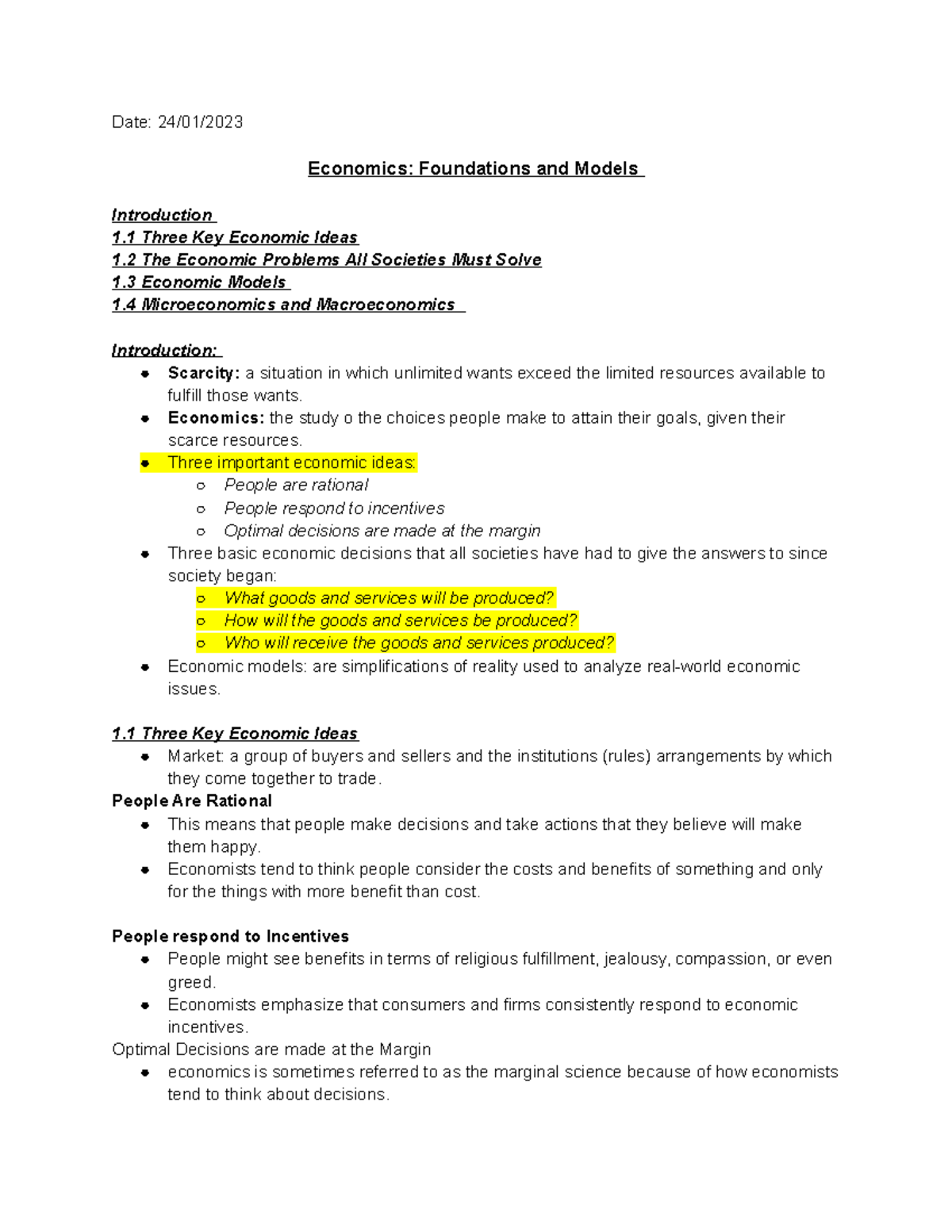 Chapter 1 Notes - Date: 24/01/ Economics: Foundations and Models ...