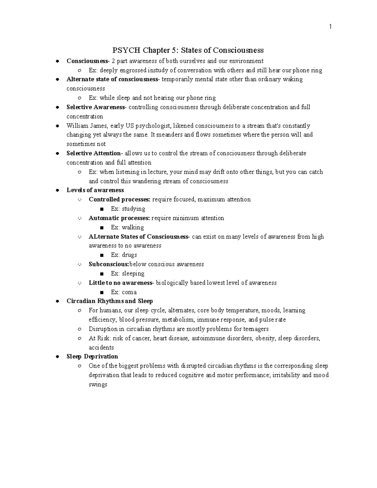 Psych Chapter 5 States of Consciousness - 1 PSYCH Chapter 5: States of ...