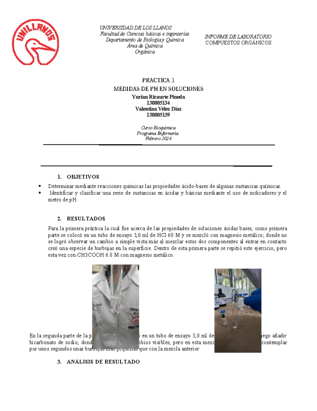 PH 1 arreglo - Práctica de lab de pH - UNIVERSIDAD DE LOS LLANOS Facultad de Ciencias básicas e ...
