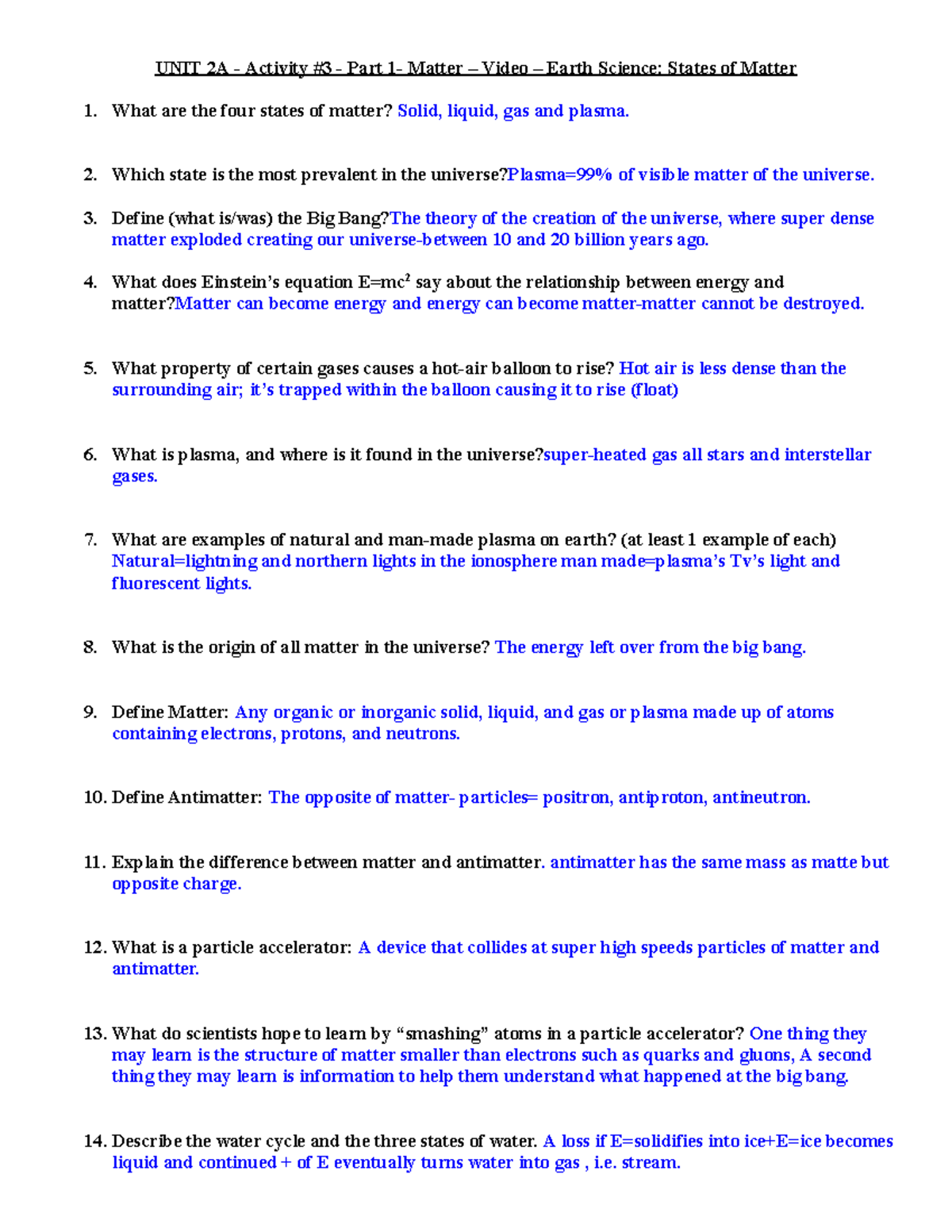 Earth Science - States of Matter - Student Answer Doc - UNIT 2A ...