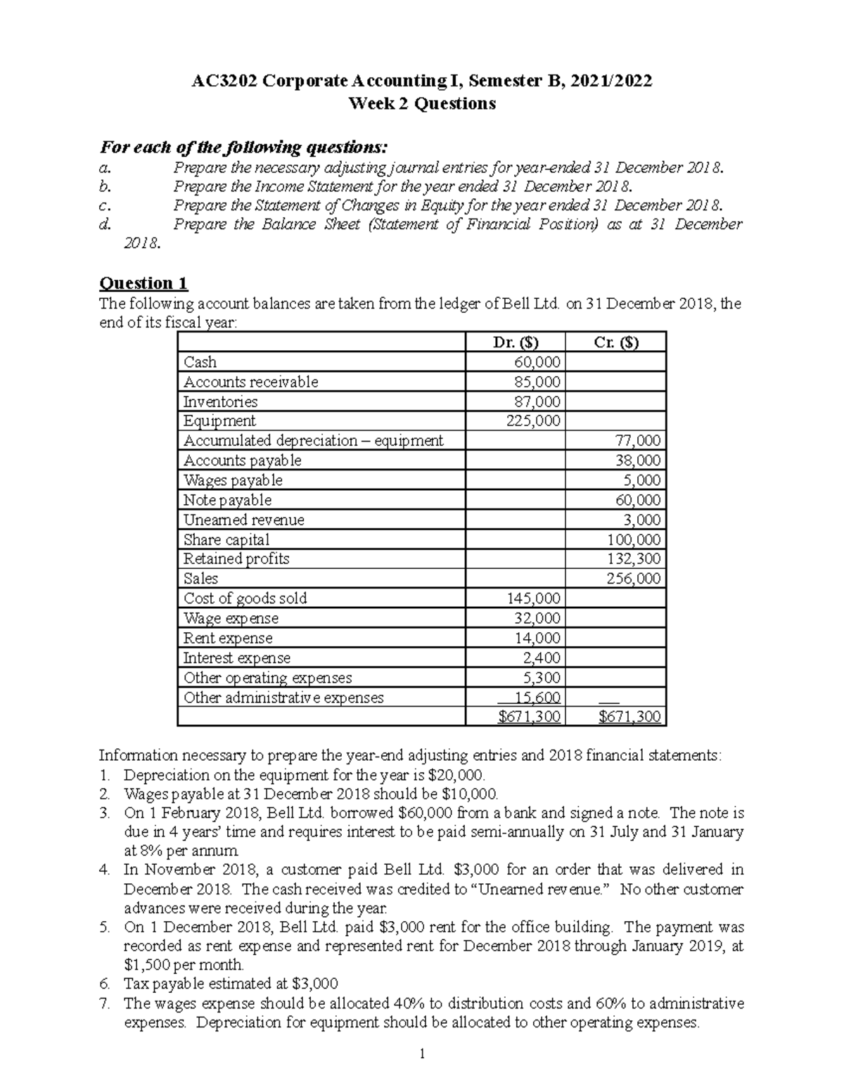 Lecture 2 Example Questions - AC3202 Corporate Accounting I, Semester B ...