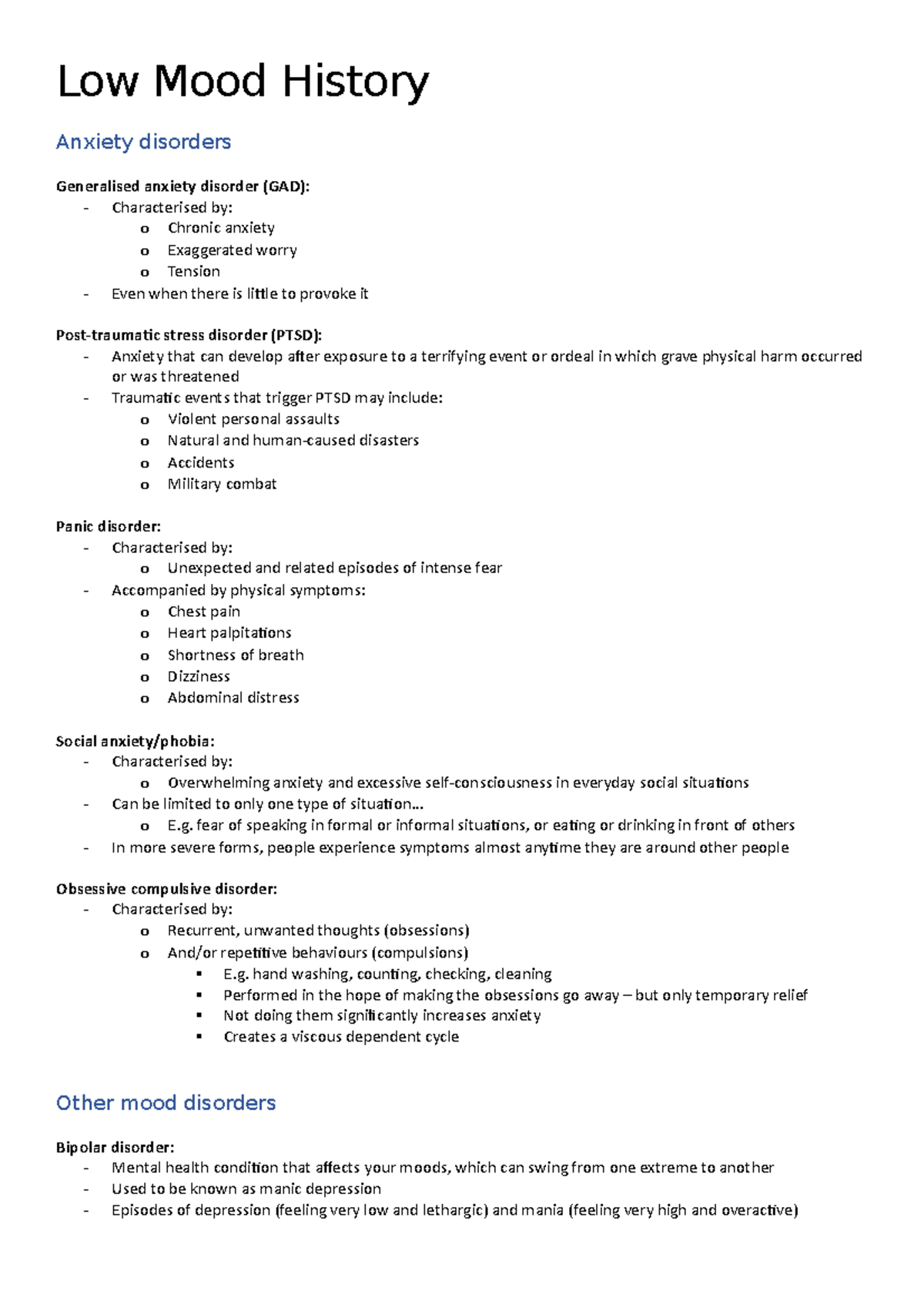 Low mood - differential diagnoses - Low Mood History Anxiety disorders ...