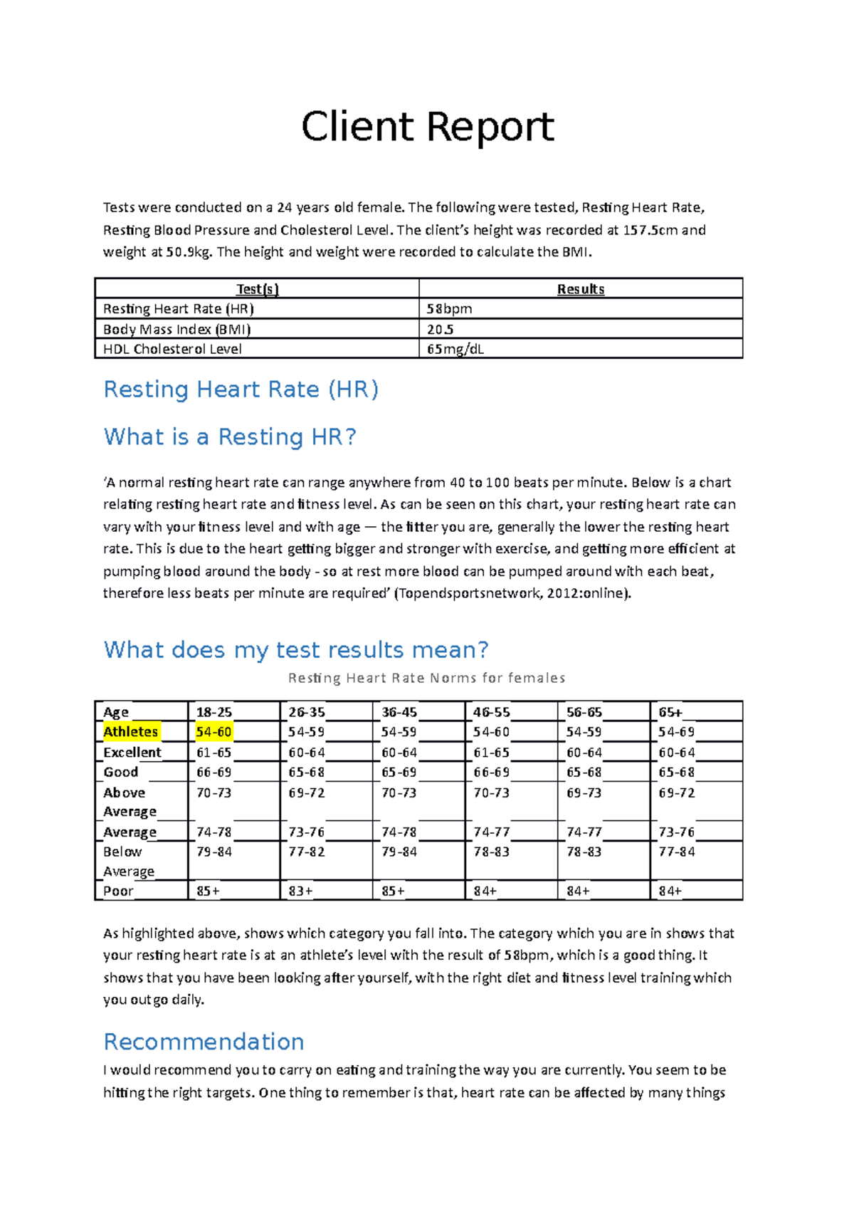 Client Report physiology assignment - Client Report Tests were ...