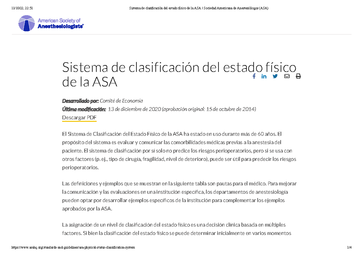 Sistema de clasificación del estado físico de la ASA Sociedad Americana ...