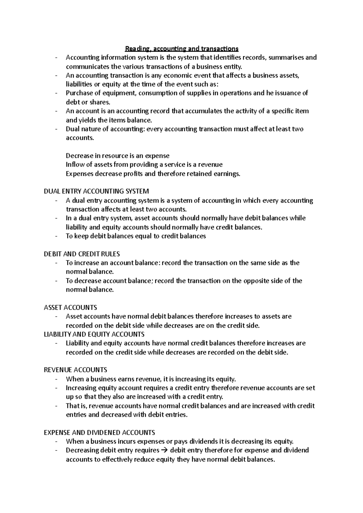 Accounting A notes week 1 - Reading, accounting and transactions ...