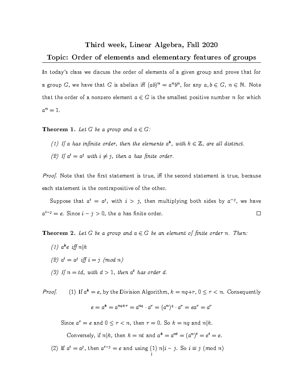 Note3 - Order of elements and elementary features of groups - Third ...