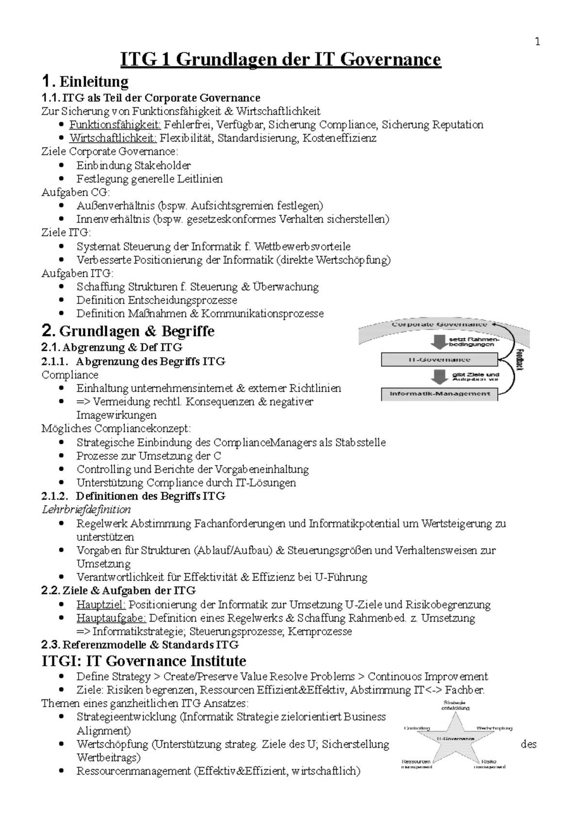 ITG Zusammenfassung 2013 - ITG 1 Grundlagen der IT Governance 1 1.1 als Teil der Corporate - Studocu
