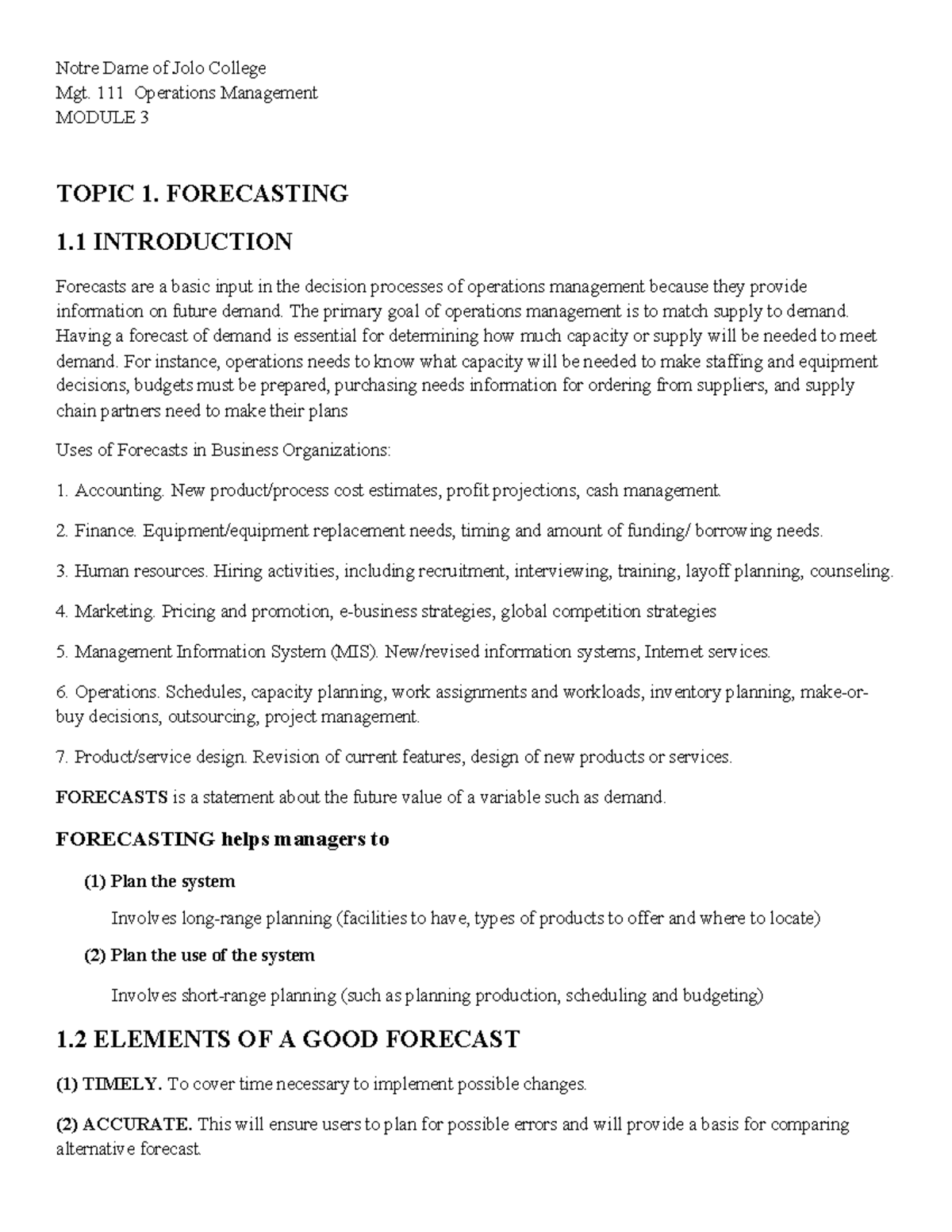 Lectures Module-3 - Eme - Notre Dame of Jolo College Mgt. 111 Operations Management MODULE 3 ...