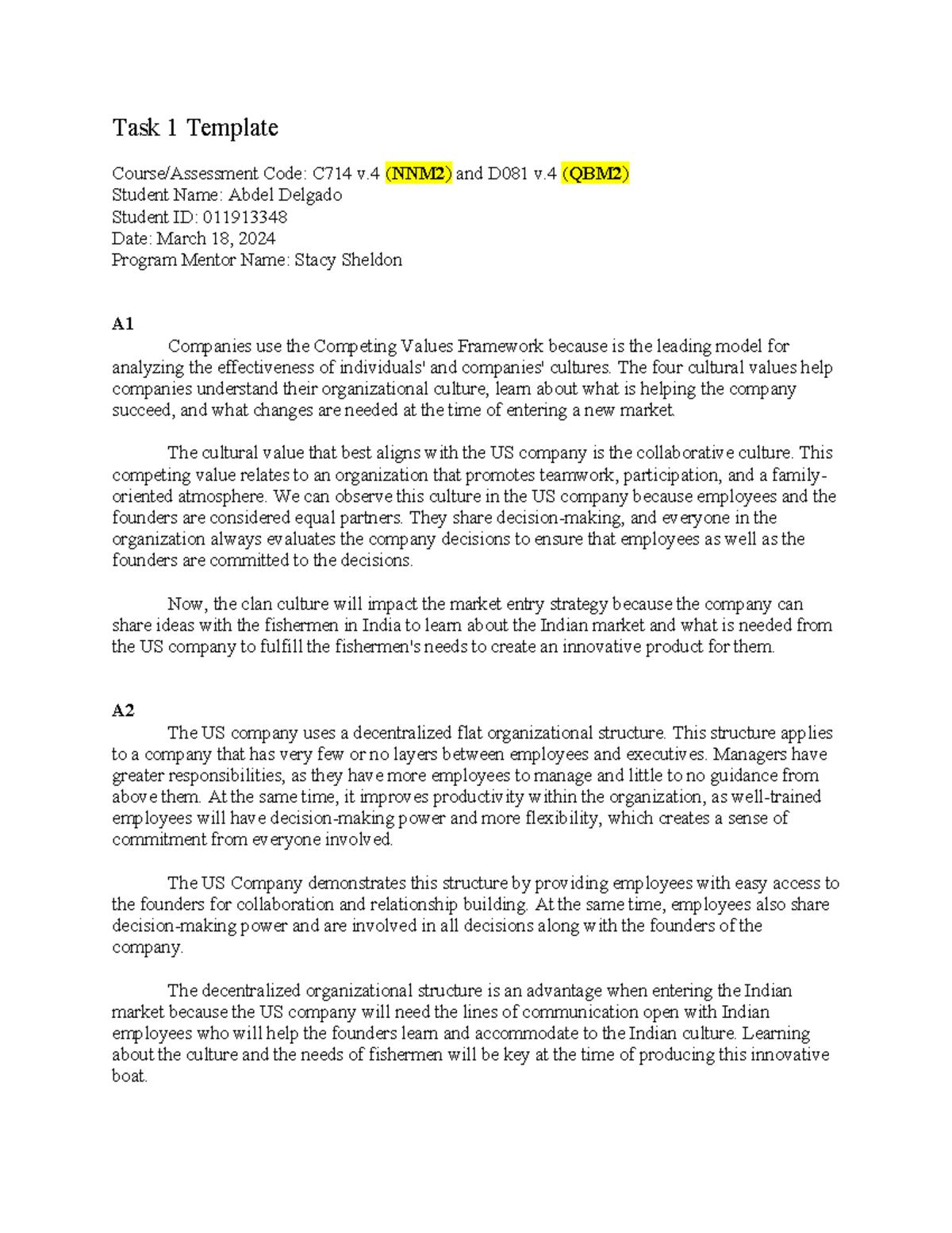 Task 1 Template - Task 1 Template Course/Assessment Code: C714 v (NNM2 ...