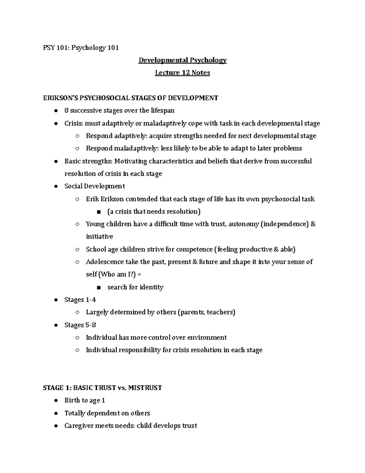 PSY 101 Developmental Psychology Unit Notes Lecture 12 - Spring 2020 ...