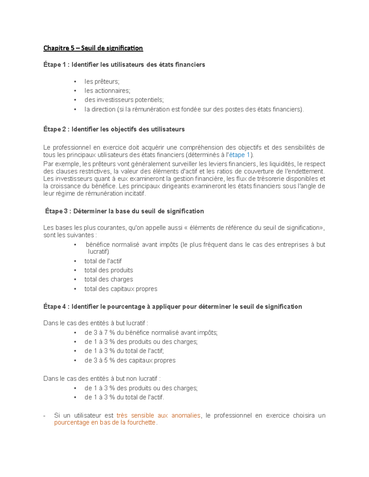 Seuil de signification - Chapitre 5 – Seuil de signification Étape 1 ...