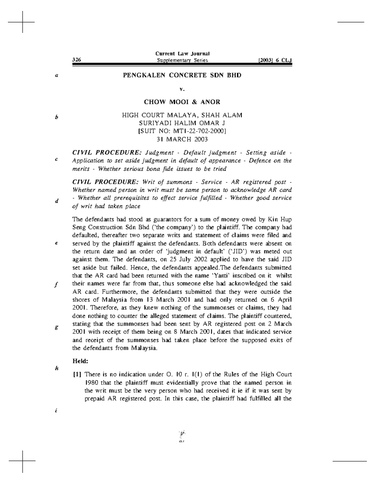case law cases - a b c d e f g h i 326 [2003] 6 CLJ Current Law Journal ...