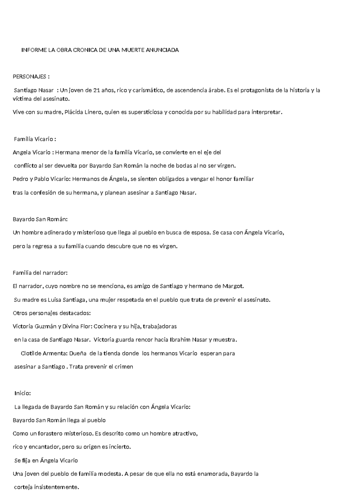 Cronica DE UNA Muerte Anunciada - INFORME LA OBRA CRONICA DE UNA MUERTE ...