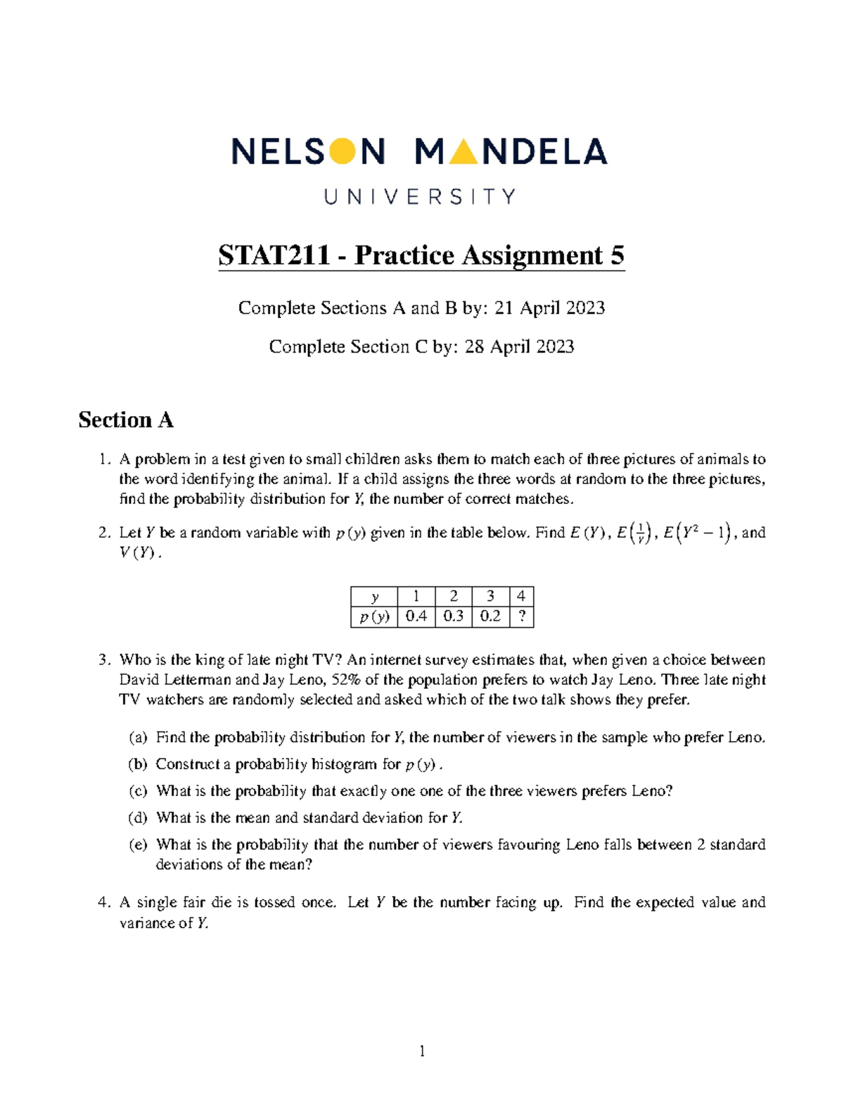 STAS211 Practice Assignment 5 - STAT211 - Practice Assignment 5 ...