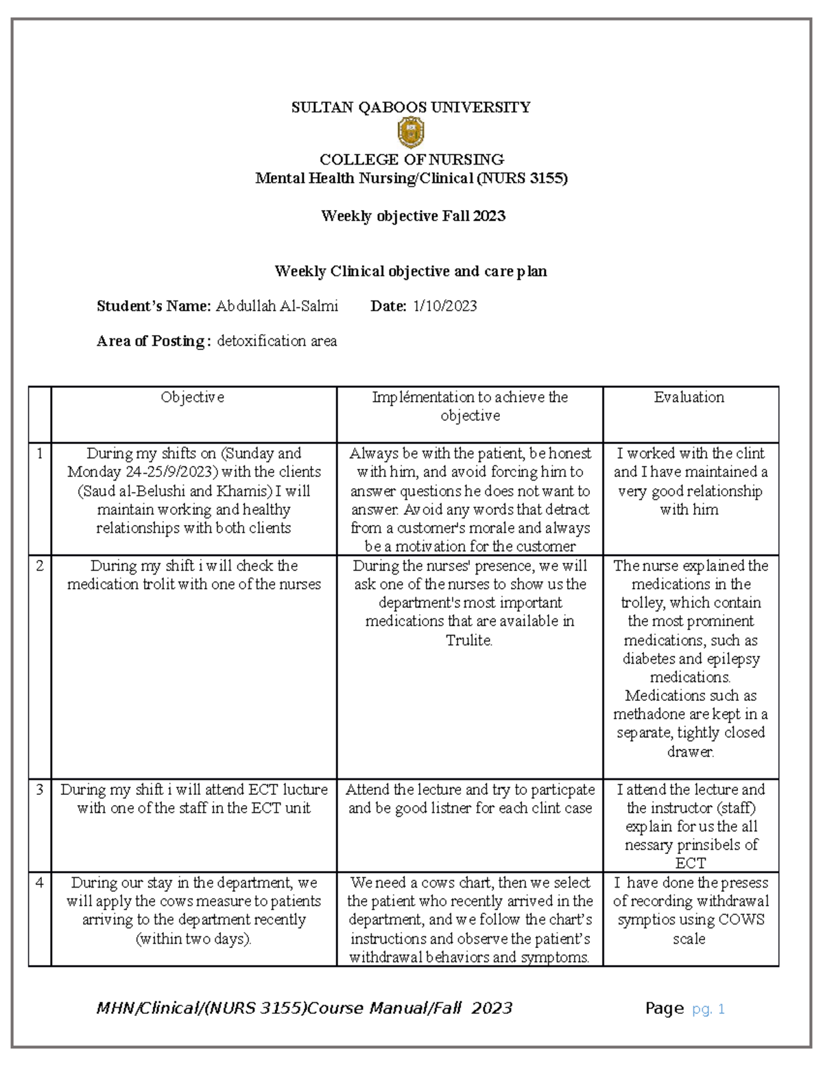 Weekly objective plan 2 - SULTAN QABOOS UNIVERSITY COLLEGE OF NURSING ...