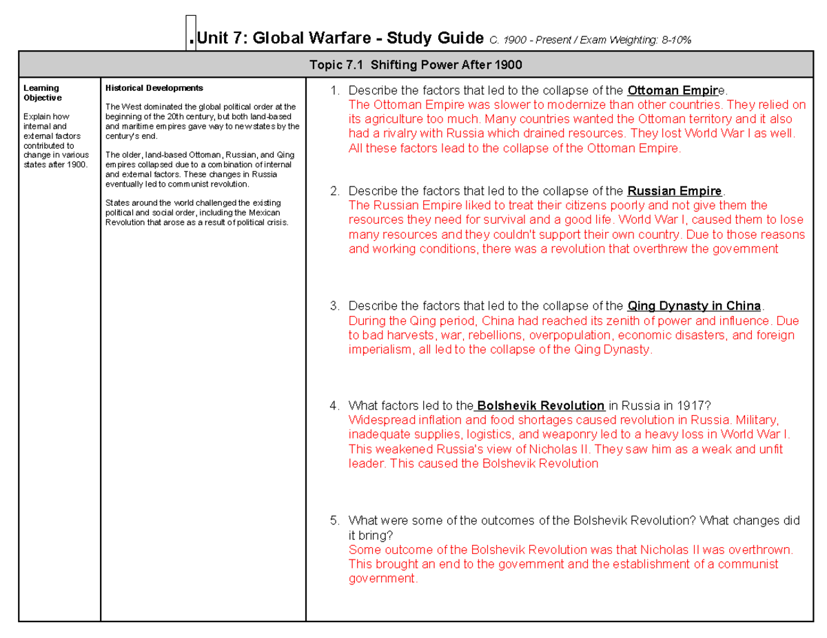 AP World History Unit 7 Study Guide 1 - .Unit 7: Global Warfare - Study ...