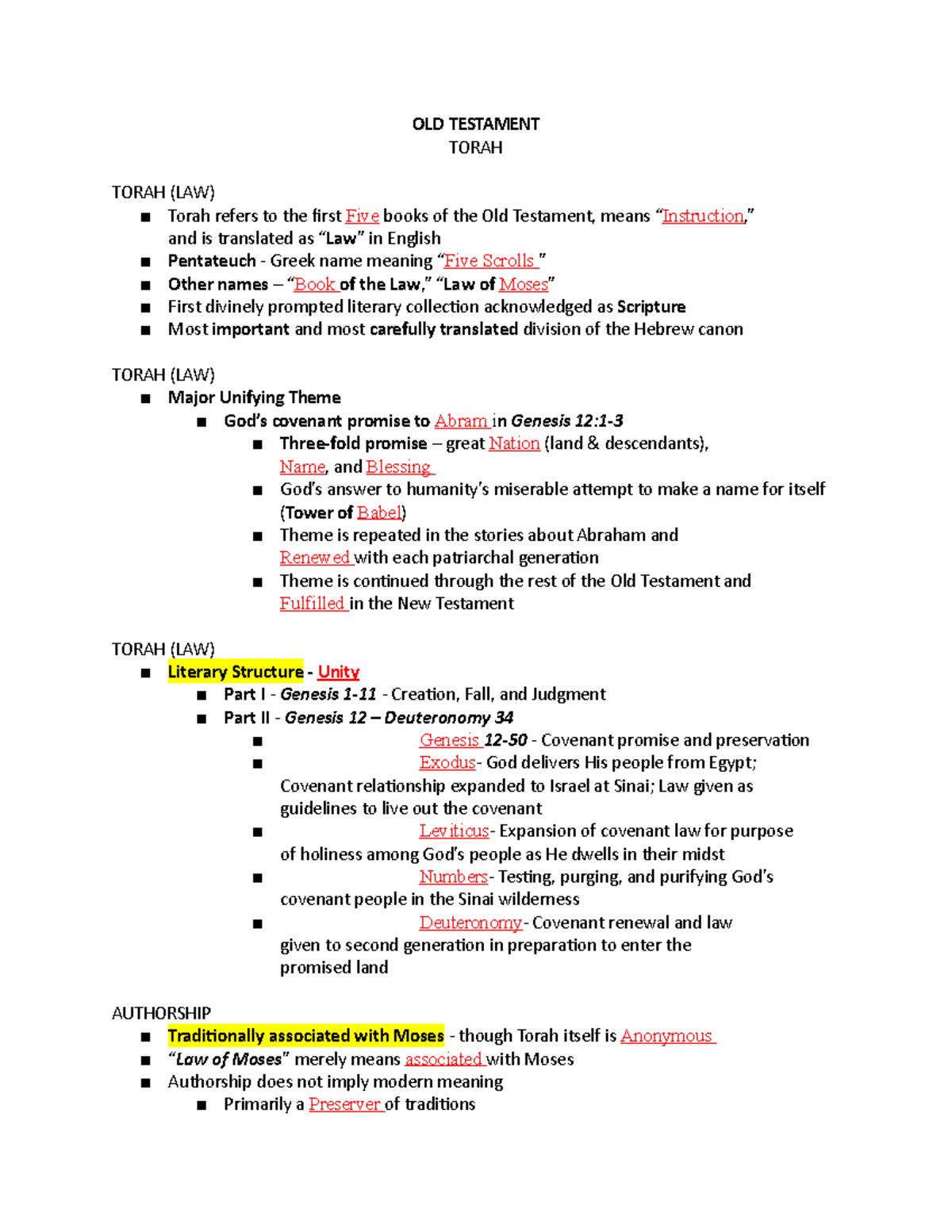 BIB 2 OT Torah Notes - Intro to OT with Dr. Champagne - TORAH (LAW) OLD ...