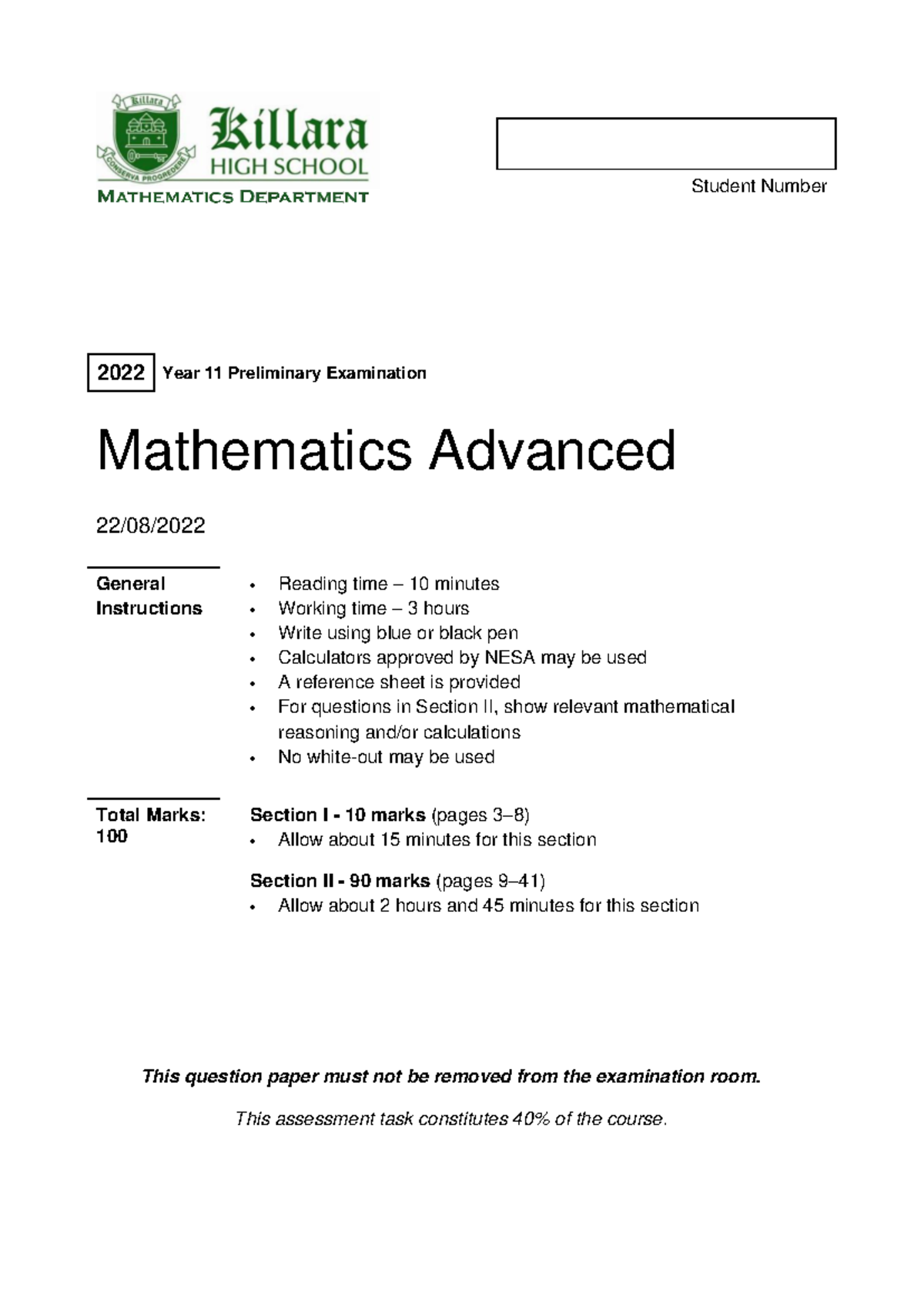 2022-11-Adv-Task 3 - KHS 2022 Past paper math adv t3 - Student Number ...