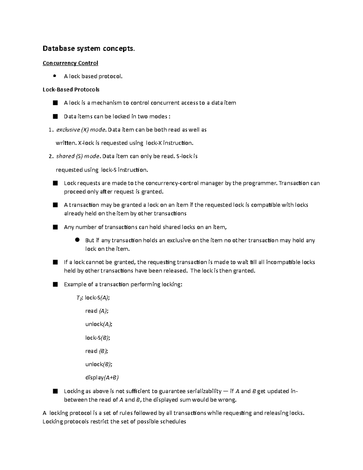 Database System Concepts Concurrency Control A Lock Based Protocol Lock Based Protocols N A