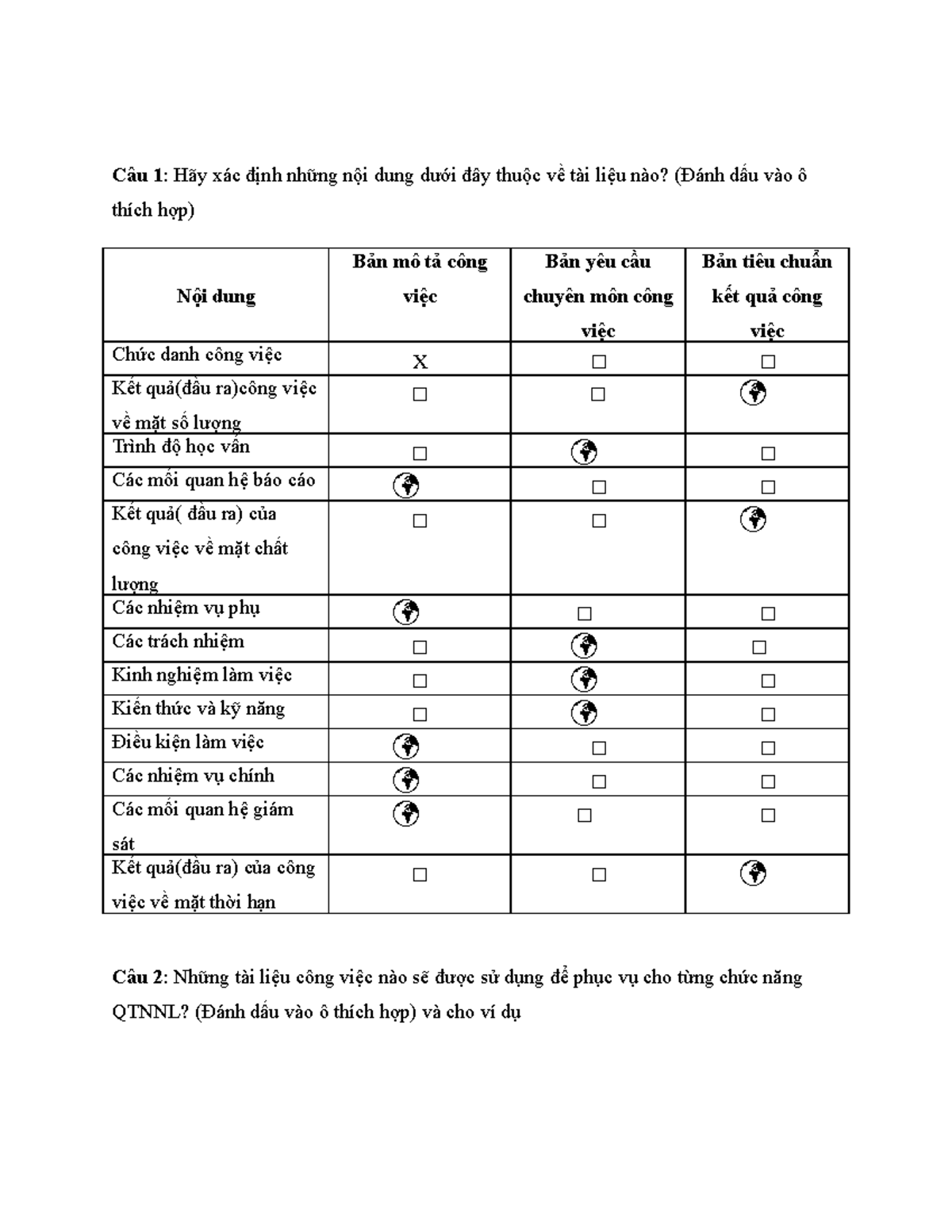 BT-CHƯƠNG-2 HRM301F - Câu 1: Hãy xác định những nội dung dưới đây thuộc về tài liệu nào? (Đánh ...