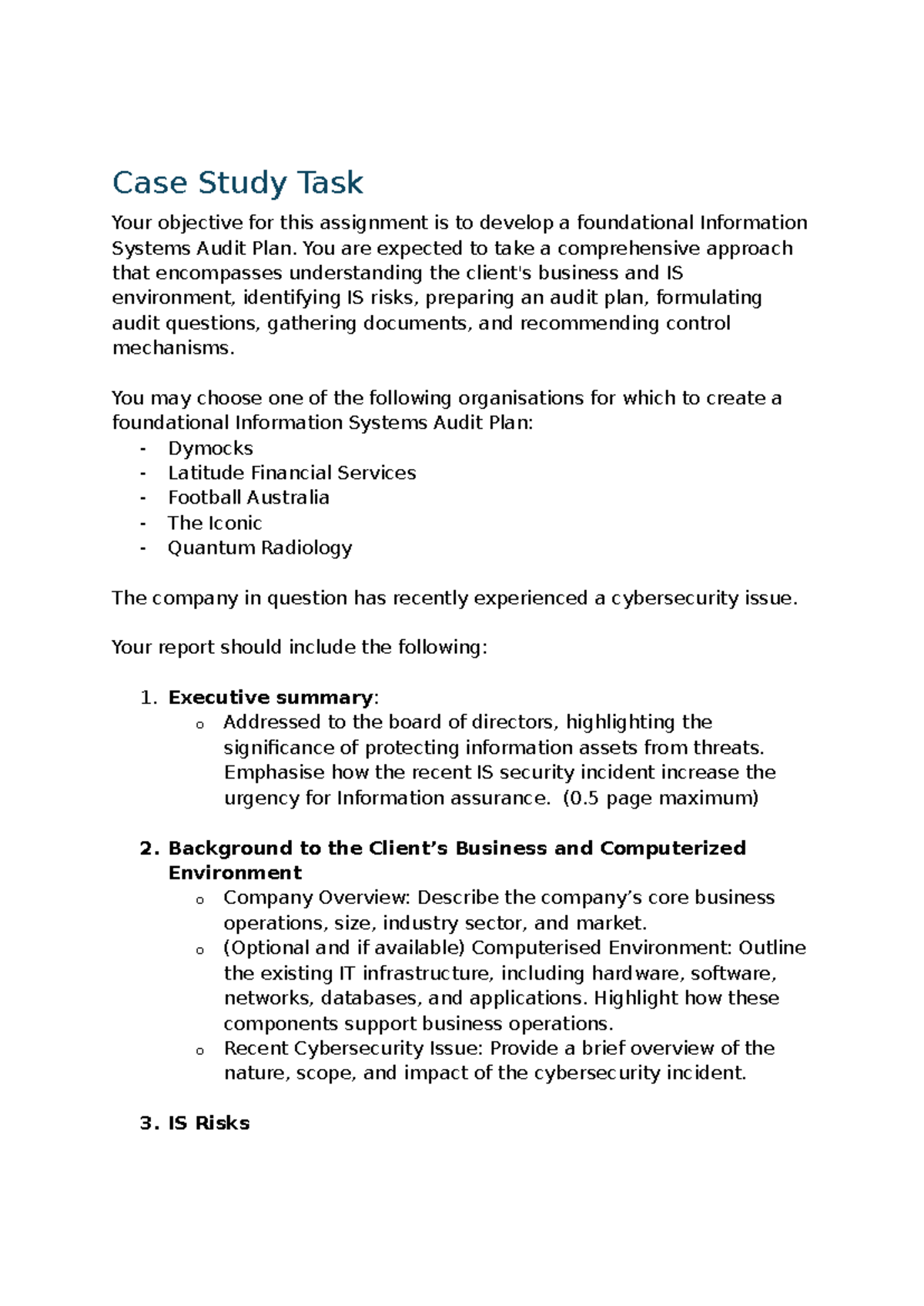 Case Study - Summary Financial Statement Analysis - Case Study Task ...