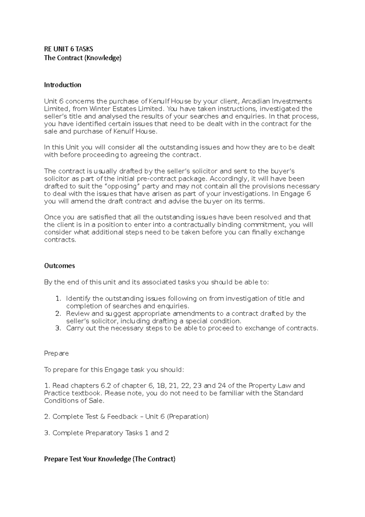 RE UNIT 6 Tasks - RE UNIT 6 TASKS The Contract (Knowledge) Introduction ...