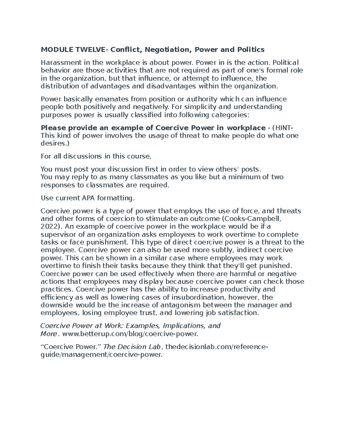 Module Twelve Discussion - MODULE TWELVE- Conflict, Negotiation, Power ...
