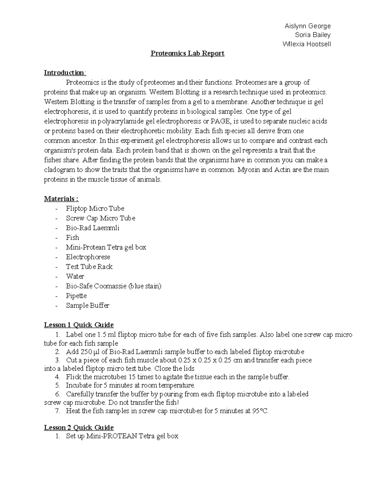 Proteomics Lab Report - Aislynn George Soria Bailey WIlexia Hootsell Proteomics Lab Report - Studocu