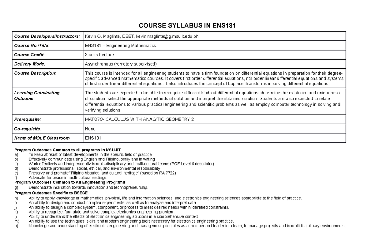 ENS181 Syllabus - This course is intended for all engineering students ...