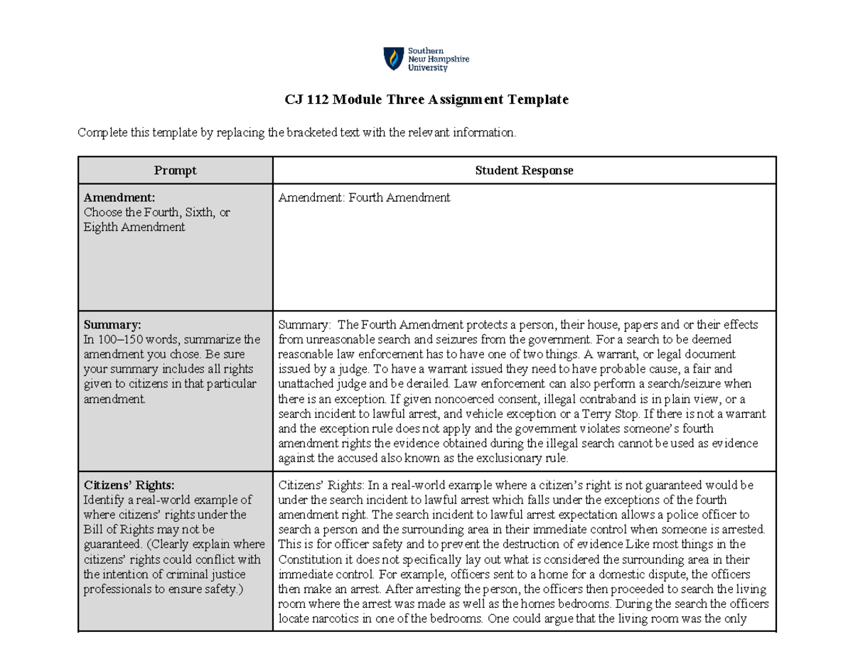 CJ 112 Module Three Assignment - Prompt Student Response Amendment: Choose the Fourth, Sixth, or ...