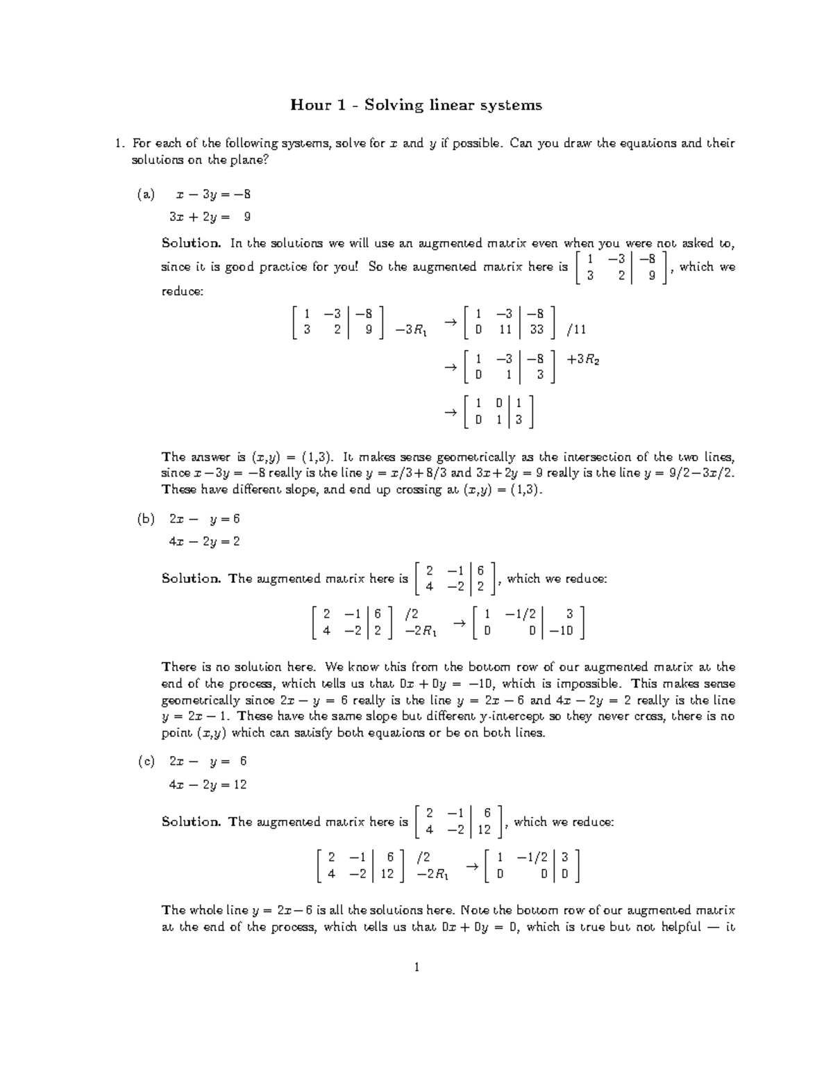 Hour 1-11 Blank Notes Answers - Hour 1 - Solving linear systems For ...