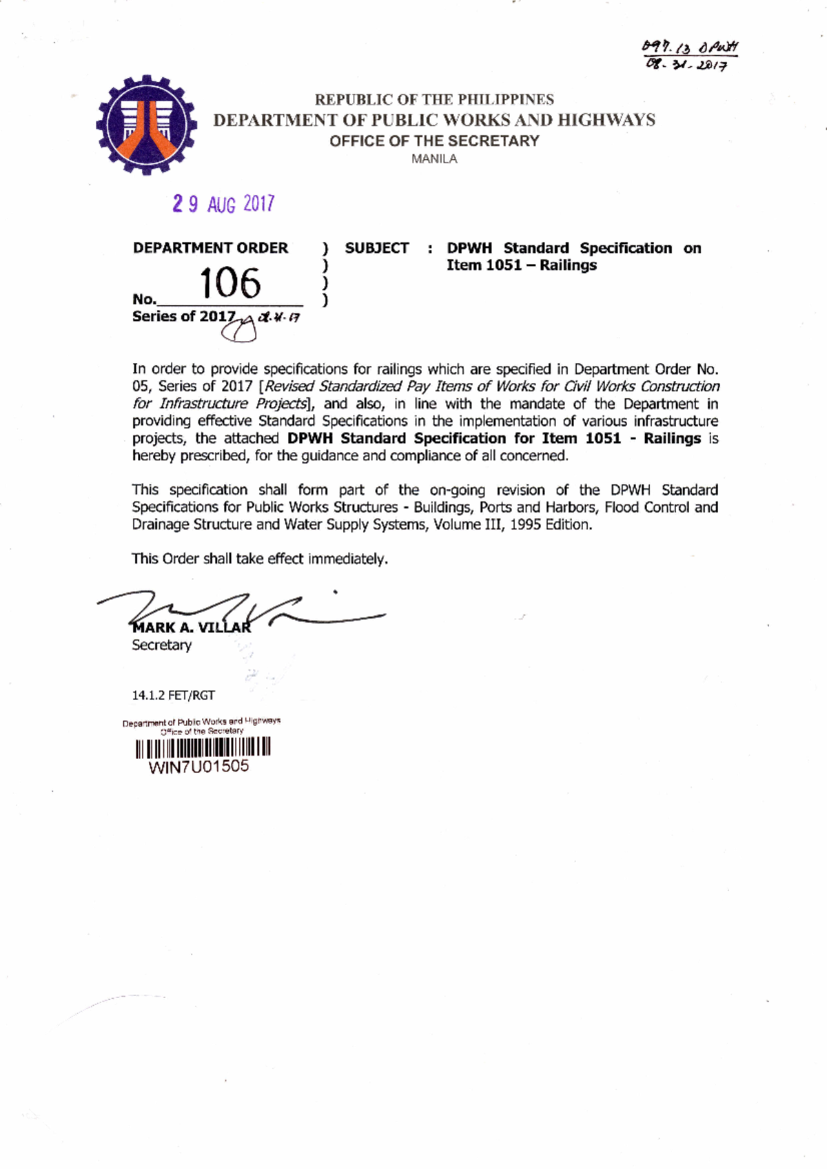 DO 106 s2017 - Guidelines for the Implementation of DPWH Projects by ...