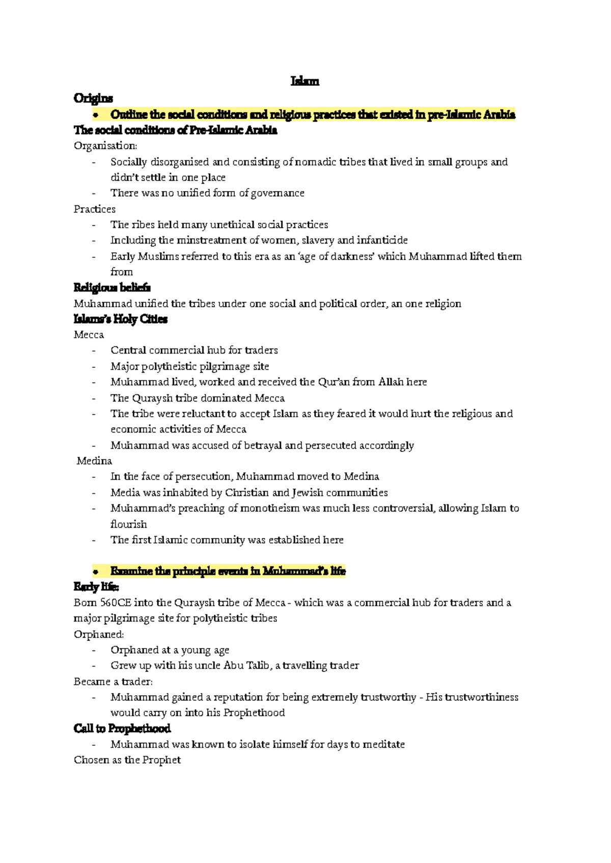 Notes - Islam - Islam Origins Outline the social conditions and ...