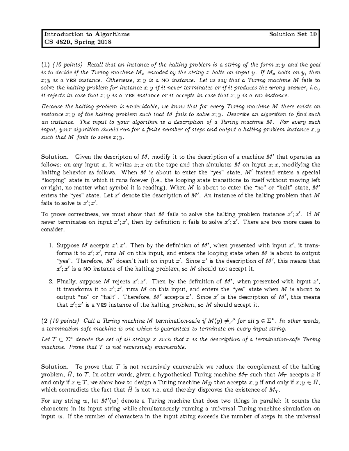 Sol10 Solutions To The Homework Assignment Introduction To Algorithms Solution Set 10 Cs