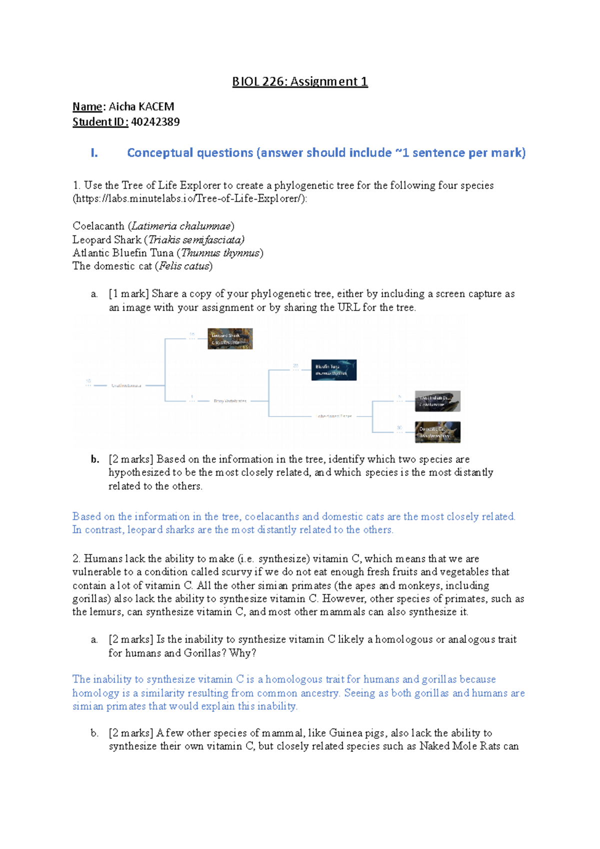 BIOL 226 - Assignment 1 - BIOL 226: Assignment 1 Name: Aicha KACEM ...