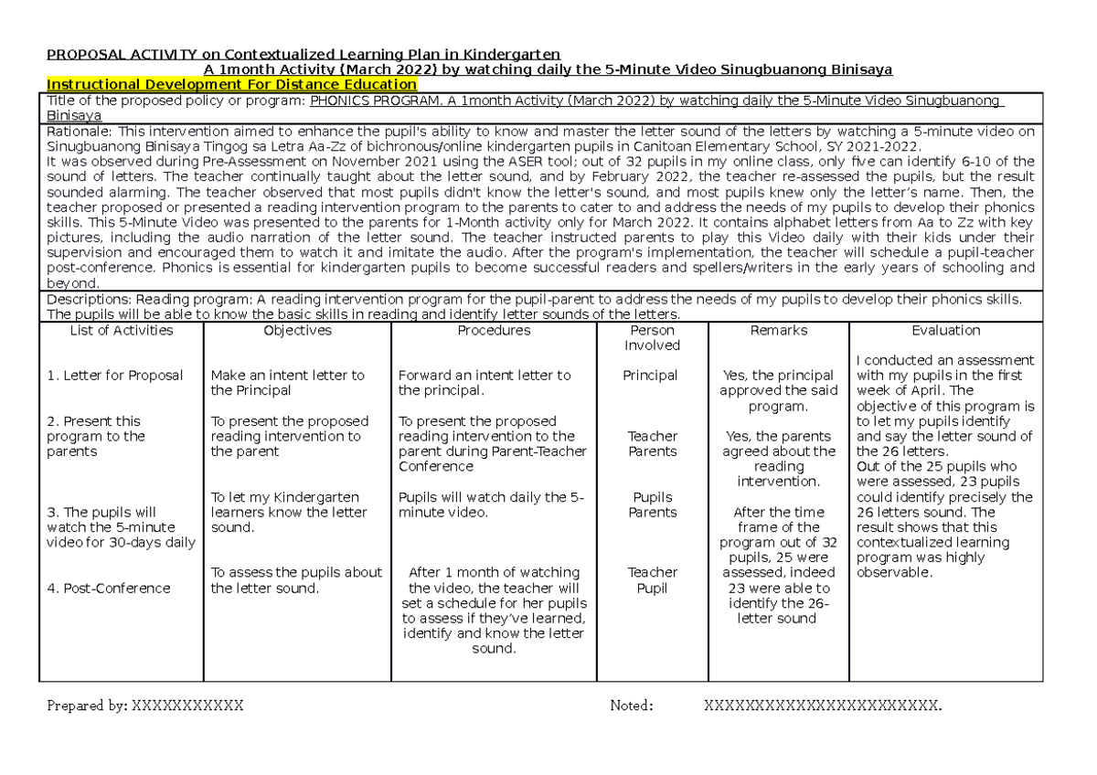 Proposed 5-minute Video Program - PROPOSAL ACTIVITY on Contextualized ...