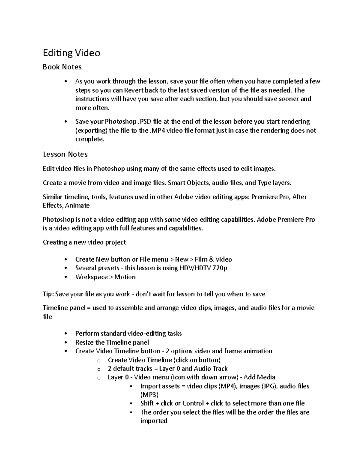 Lesson 11 - Lecture notes 11 - Editing Video Book Notes As you work ...