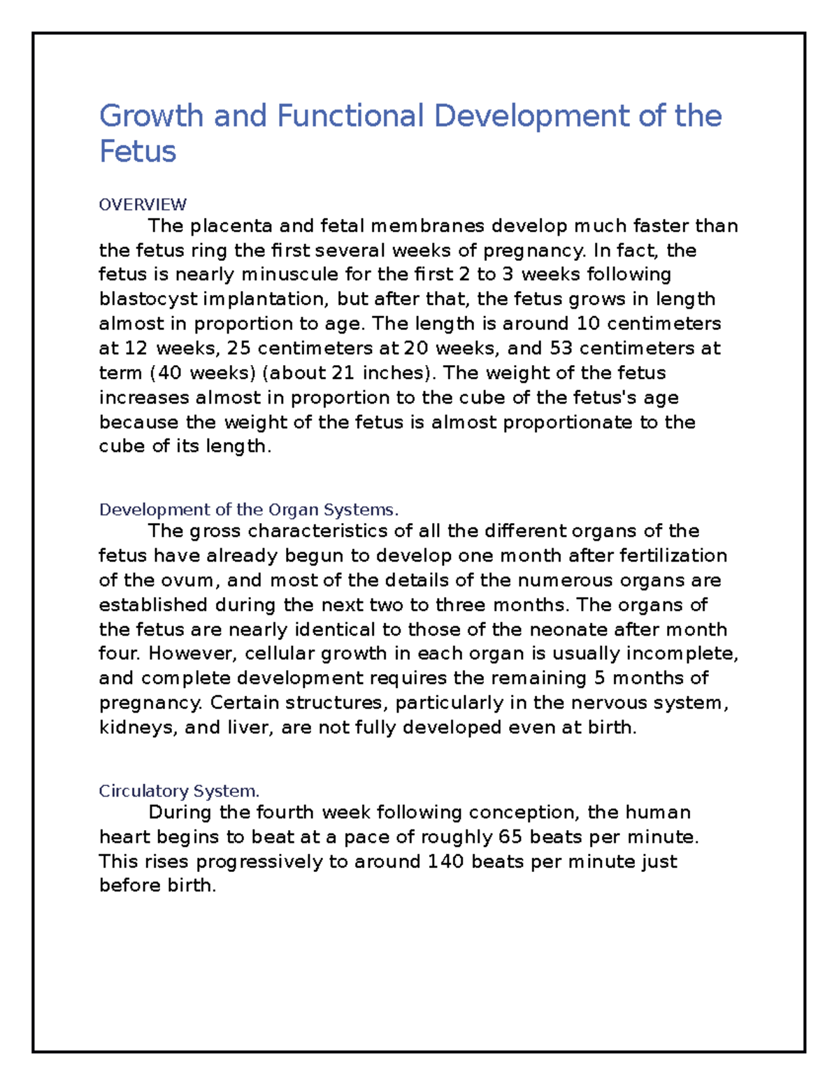 Detail NOTE ON the Growth and Functional Development of the Fetus ...