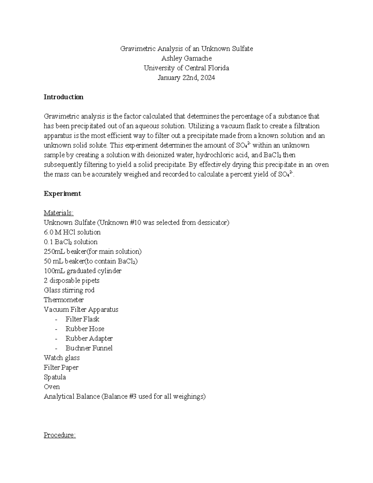 Gravimetric Analysis of an Unknown Sulfate - Utilizing a vacuum flask ...