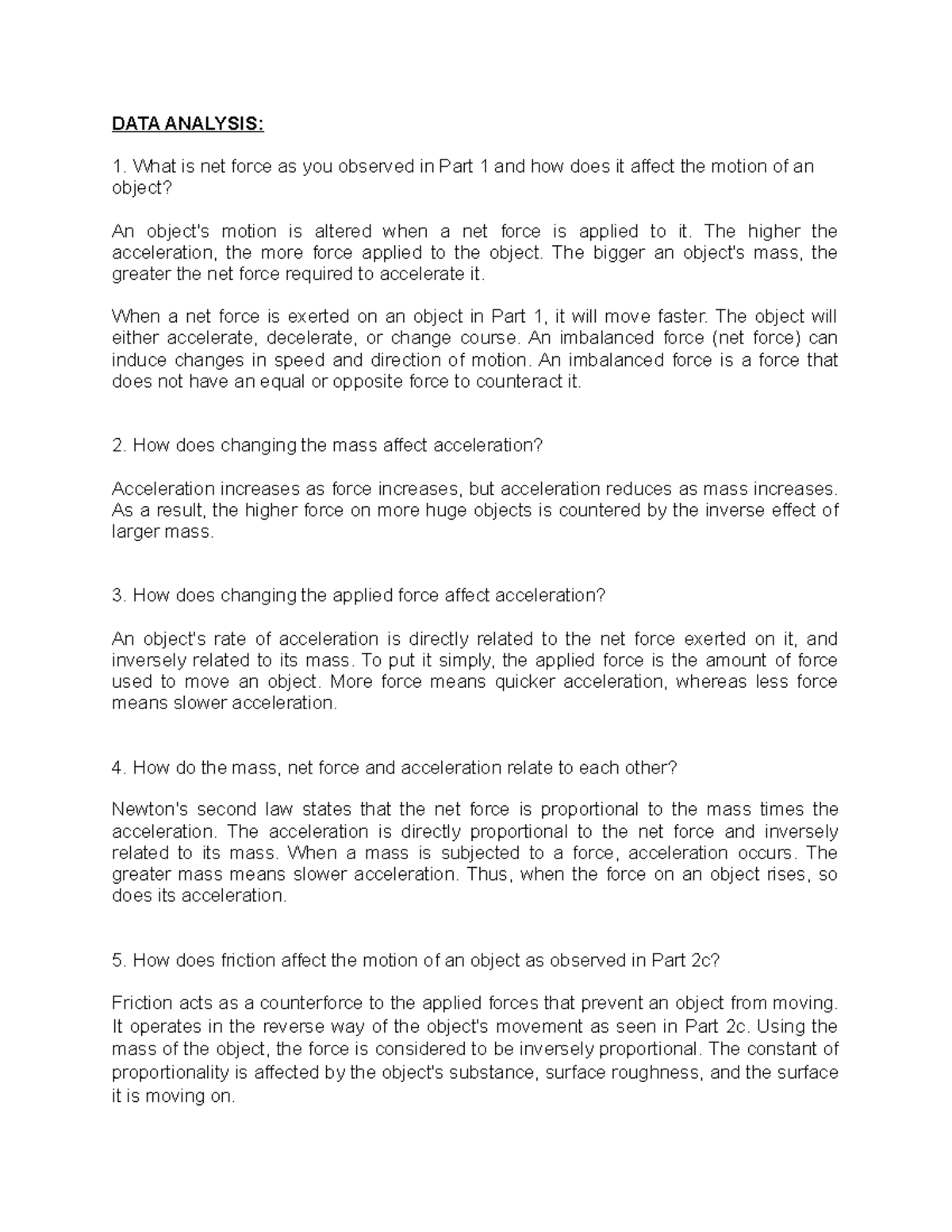 DATA Analysis EXP4 - PHYS182 Lab - DATA ANALYSIS: What is net force as ...