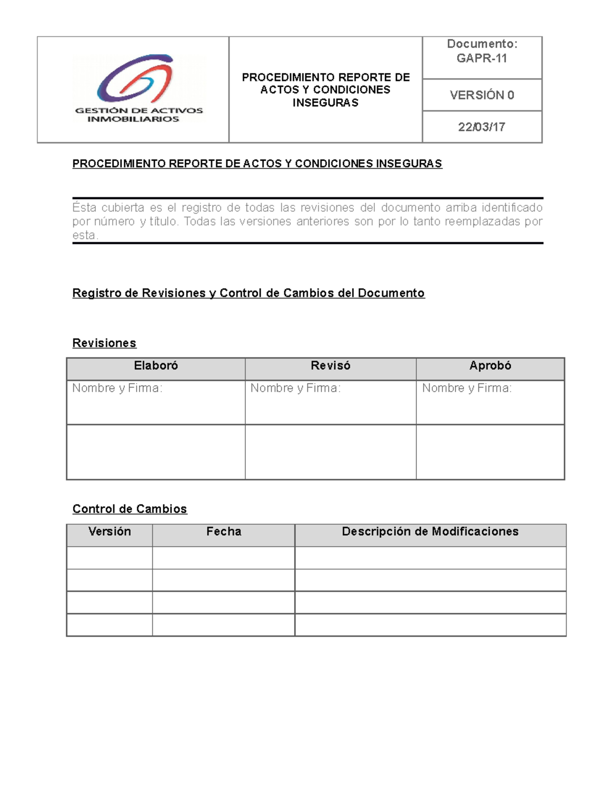 GAPR-11 Procedimiento PARA EL Reporte DE Actos Y Condiciones Inseguras ...