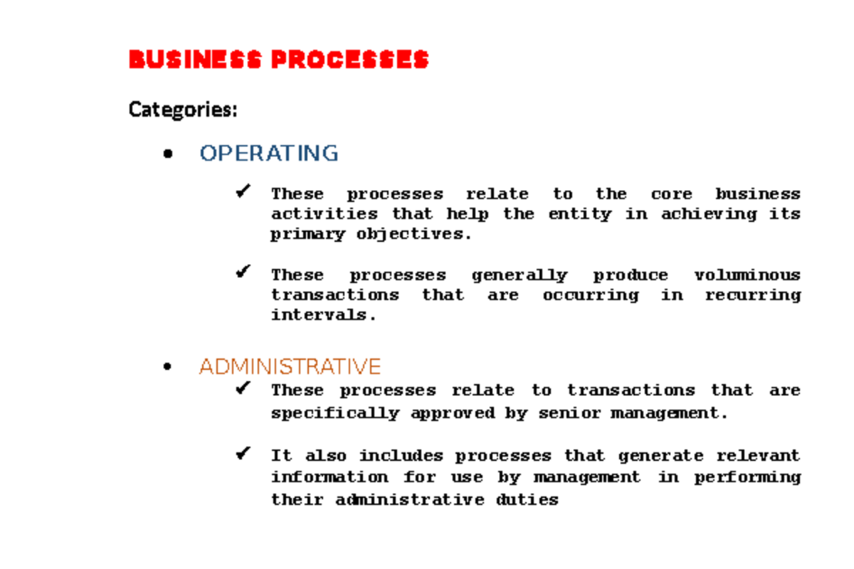 Business Processes - notes - BUSINESS PROCESSES Categories: OPERATING ...