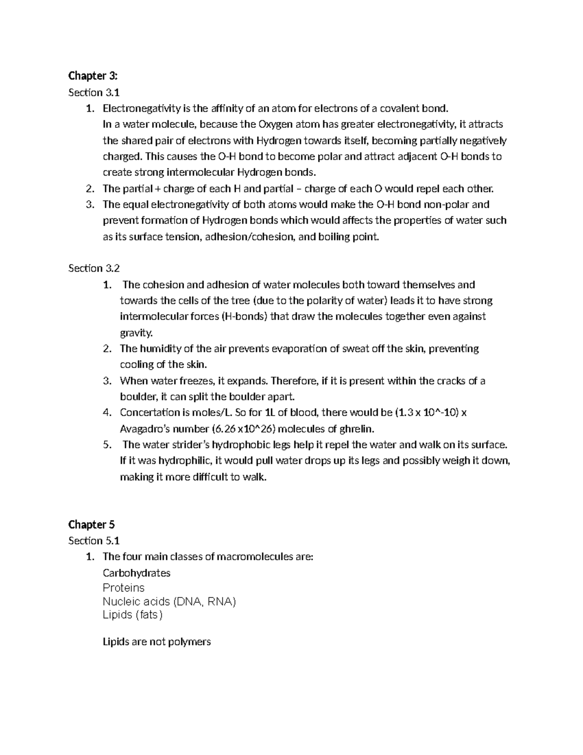 Campbell AP BIO- Chapter 3-5 HW - Chapter 3: Section 3. 1 ...