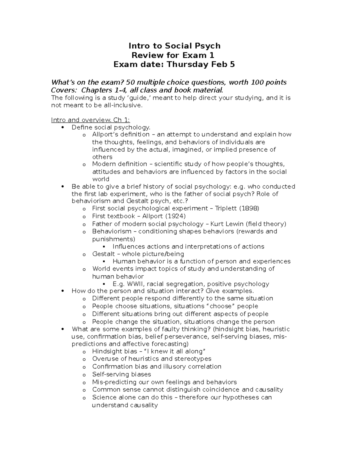 PSYC 3430 - Test 1 Study Guide - Intro to Social Psych Review for Exam ...
