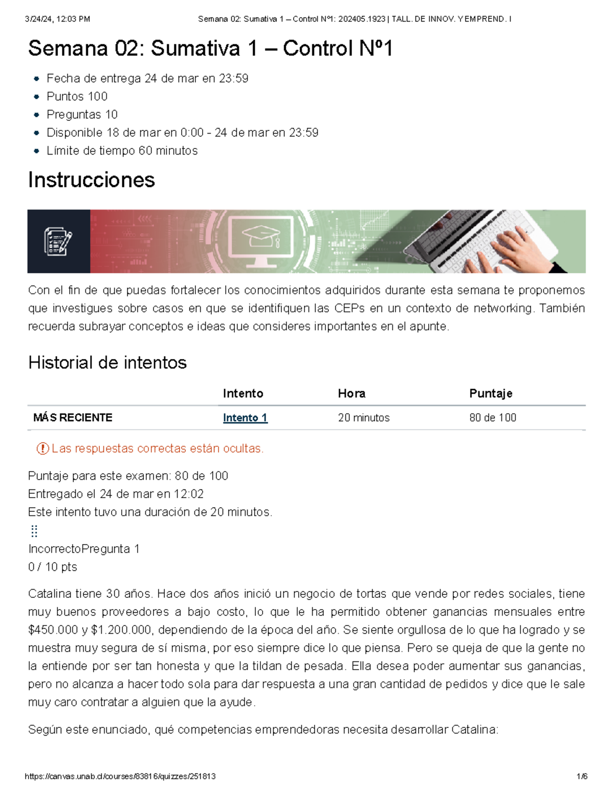 Semana 02 Sumativa 1 – Control Nº1 202405.1923 TALL. DE Innov. Y Emprend. I - Semana 02 ...