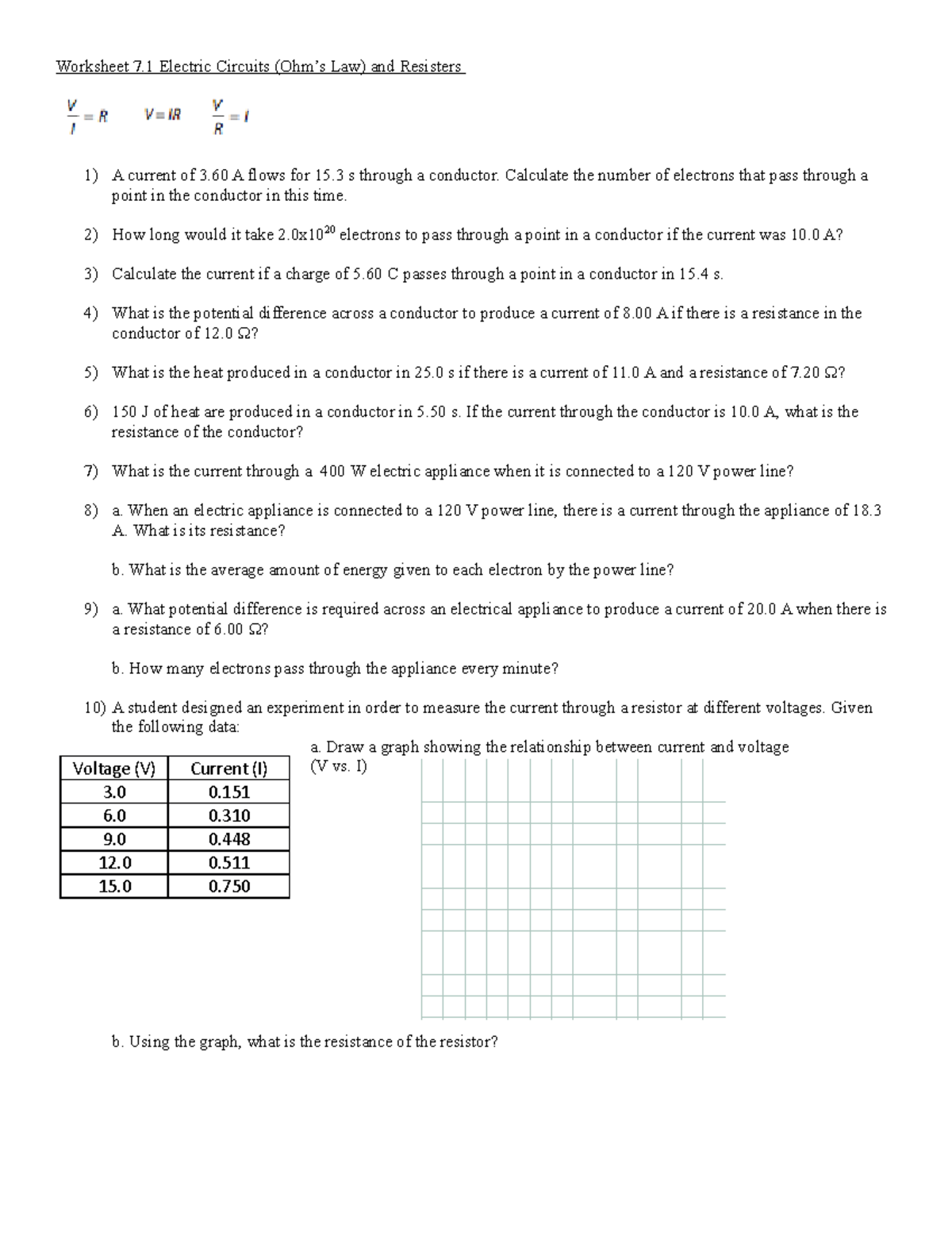 Worksheet 7 - Worksheet 7 Electric Circuits (Ohm’s Law) and Resisters A ...