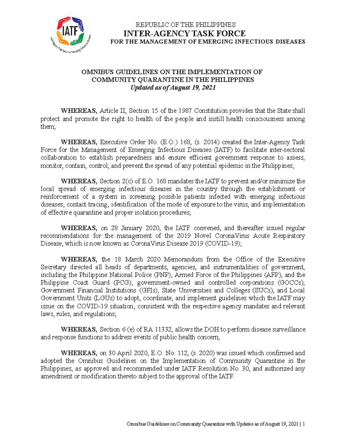 Omnibus guidelines on the implementation of community quarantine august ...