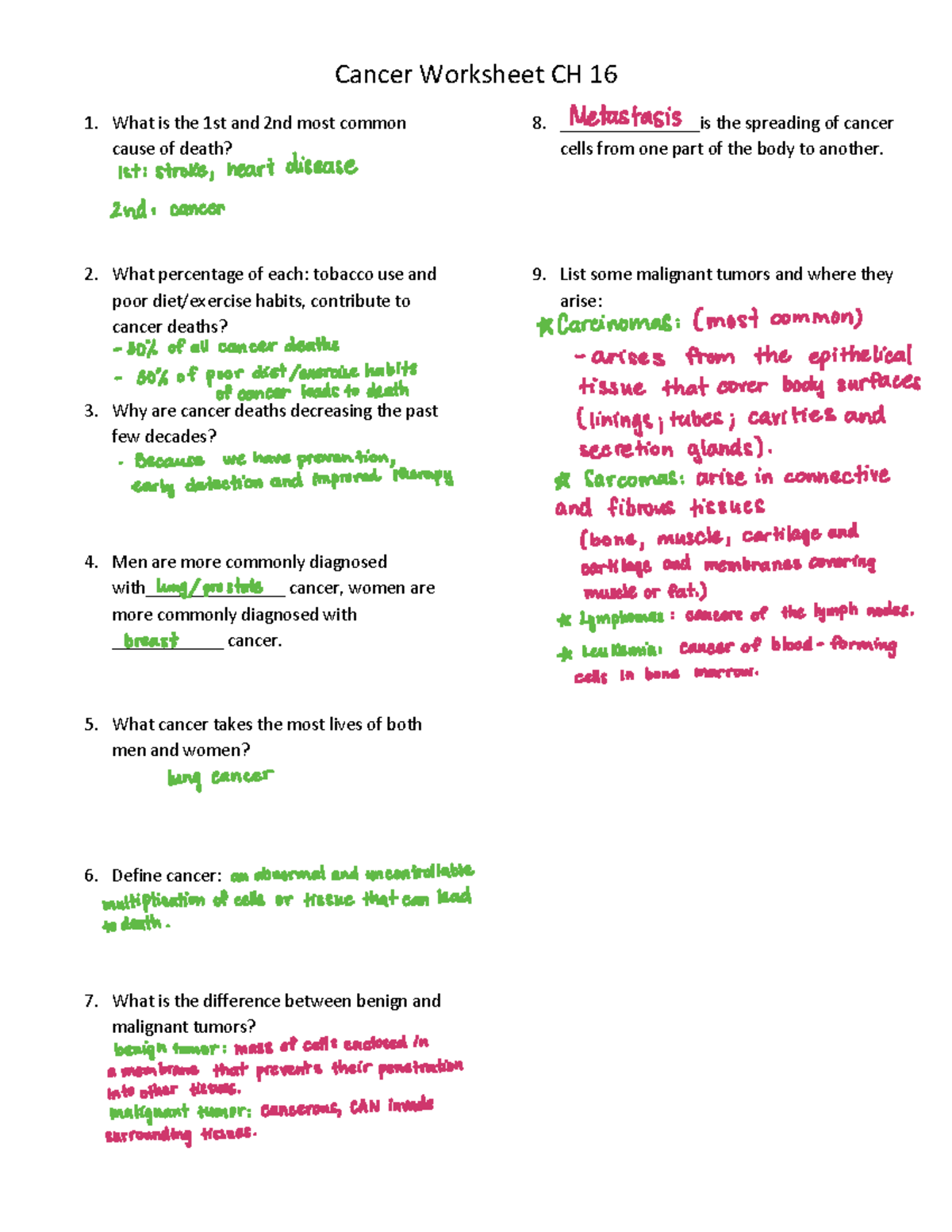 Week 3 Cancer worksheet - Cancer Worksheet CH 16 1. What is the 1st and ...