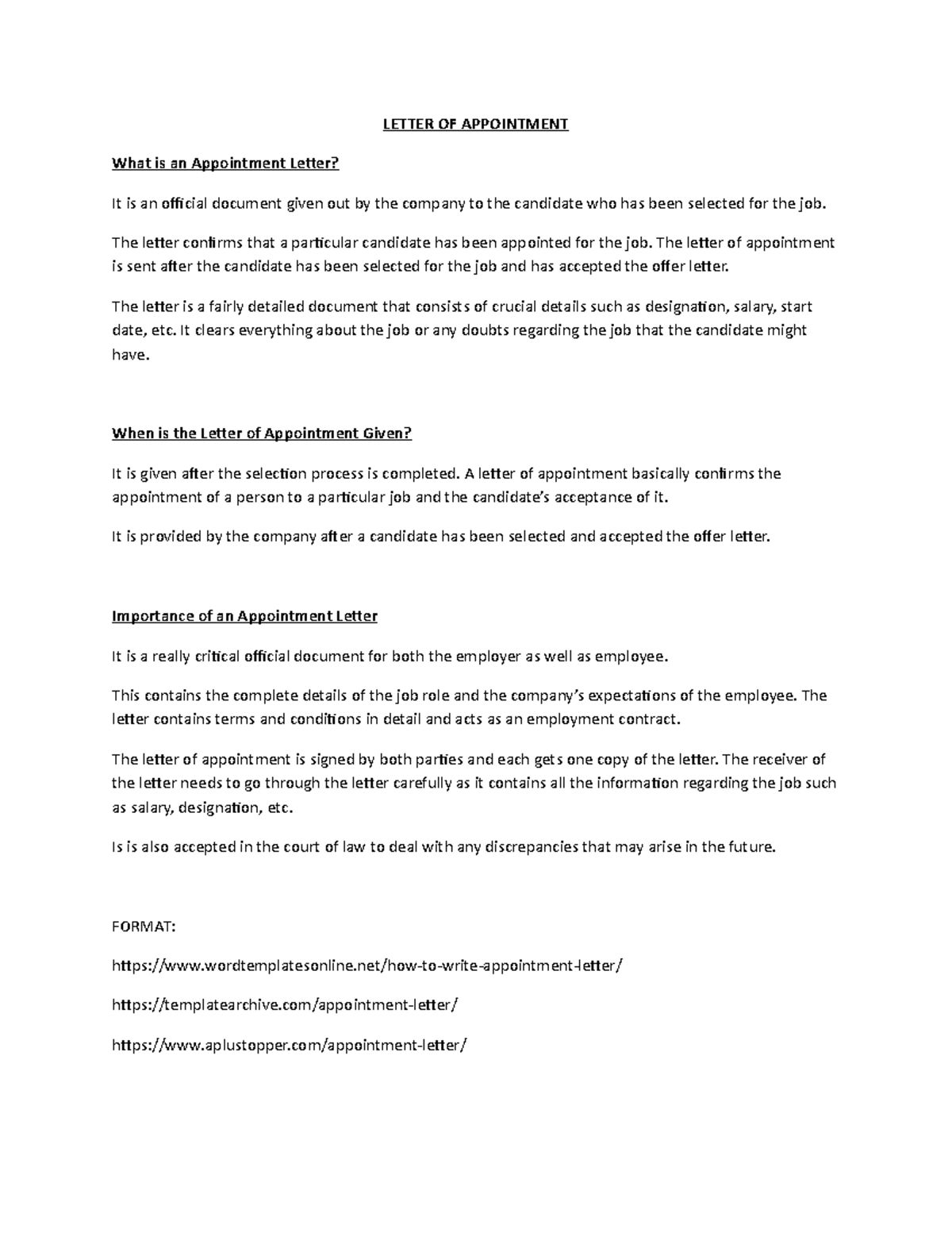 Letter-OF- Appointment - LETTER OF APPOINTMENT What is an Appointment ...