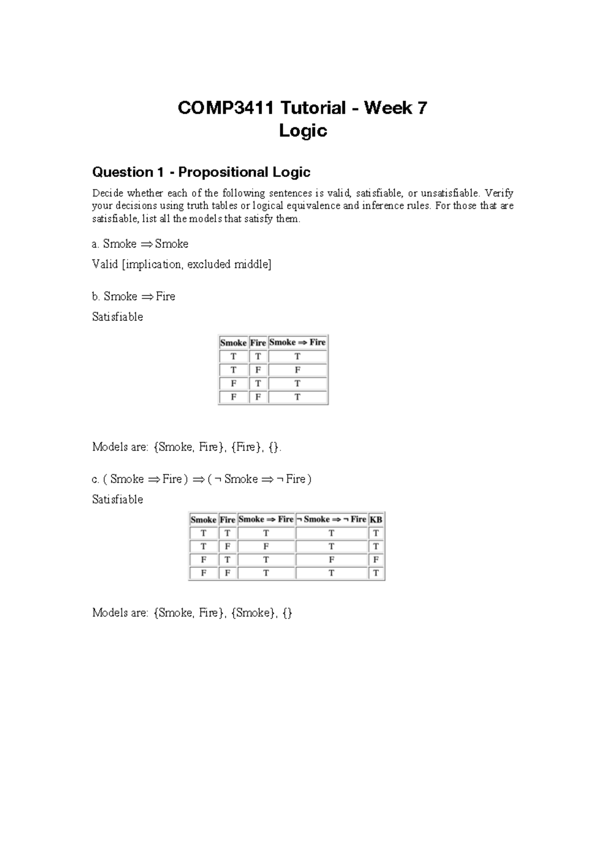 23T1 Week 7 Tutorial Solutions - COMP3411 Tutorial - Week 7 Logic Question 1 - Propositional ...